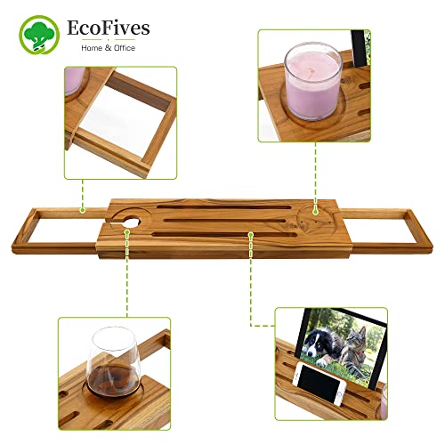 EcoFives Teak Bathtub Tray Caddy - Expandable Bath Tray - Adjustable Organizer Tray for Bathroom - Luxury Bath Caddy Tub Table, Bathtub Accessories & Bathroom Gadgets