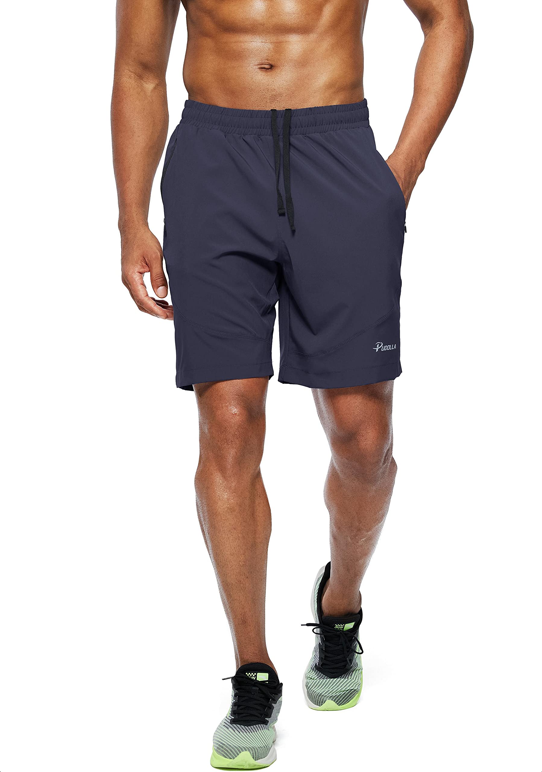 Pudolla Men's Workout Running Shorts Lightweight Gym Athletic Shorts for Men with Zipper Pockets (Navy Blue X-Large)