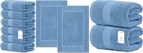 White Classic Luxury Hand Towels | 6 Pack Luxury Bath Mat | 12 Pack Luxury Bath Sheet | 2 Pack Bundle (Light Blue)