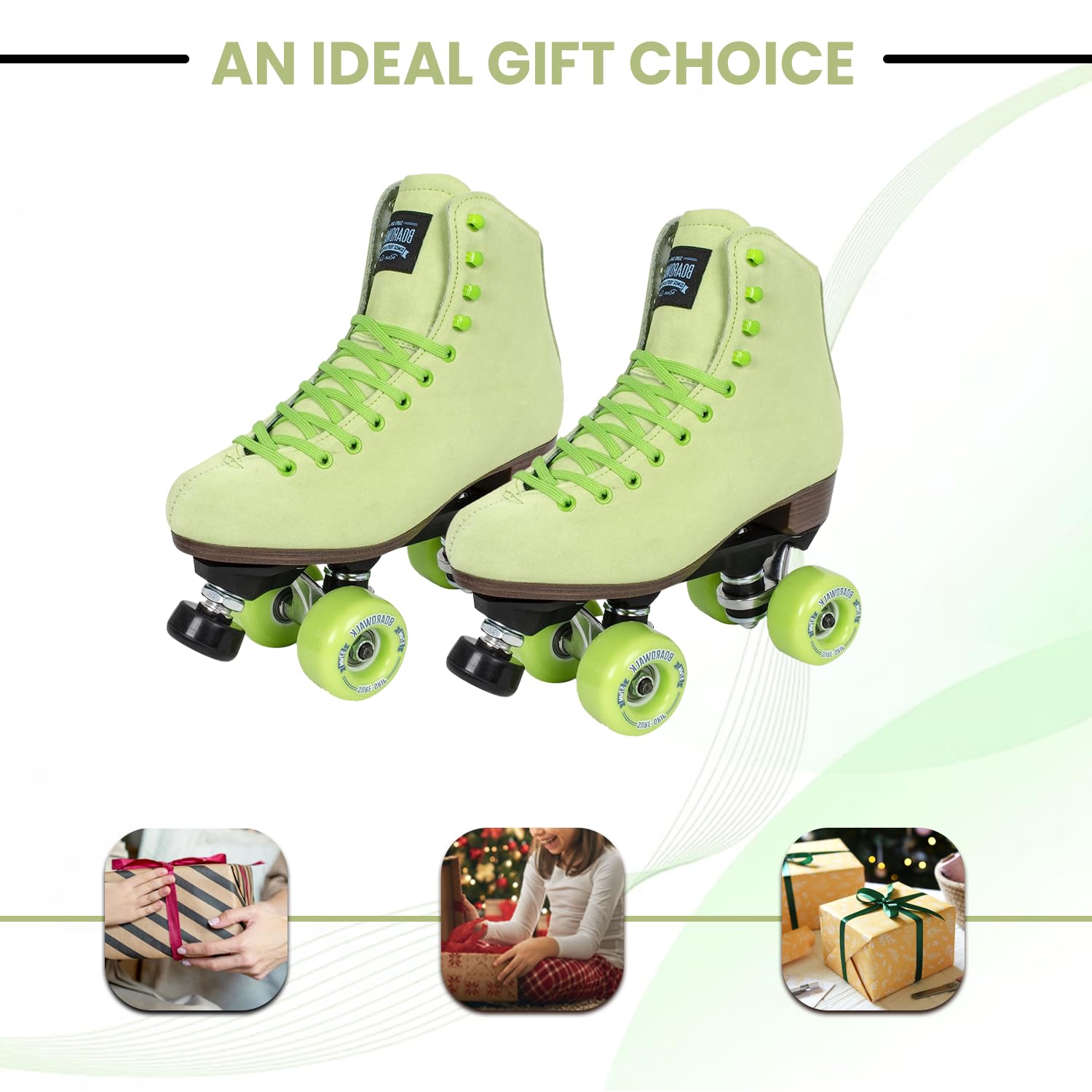 Sure-Grip Boardwalk Unisex Outdoor Roller Skates Material of Leather, Rubber, Suede & Aluminum Trucks | Comfortable, Extra Long Laces - Suitable for Beginners (Key Lime, Mens 7 / Womens 8)