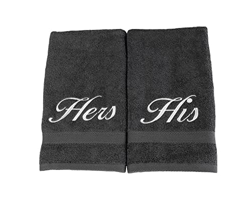 His and Hers Embroidered Hand Towels for Bathroom, Kitchen or Spa. This Set Includes 2 Hand Towels. His and Hers Gifts. 100% Cotton. (Gray)