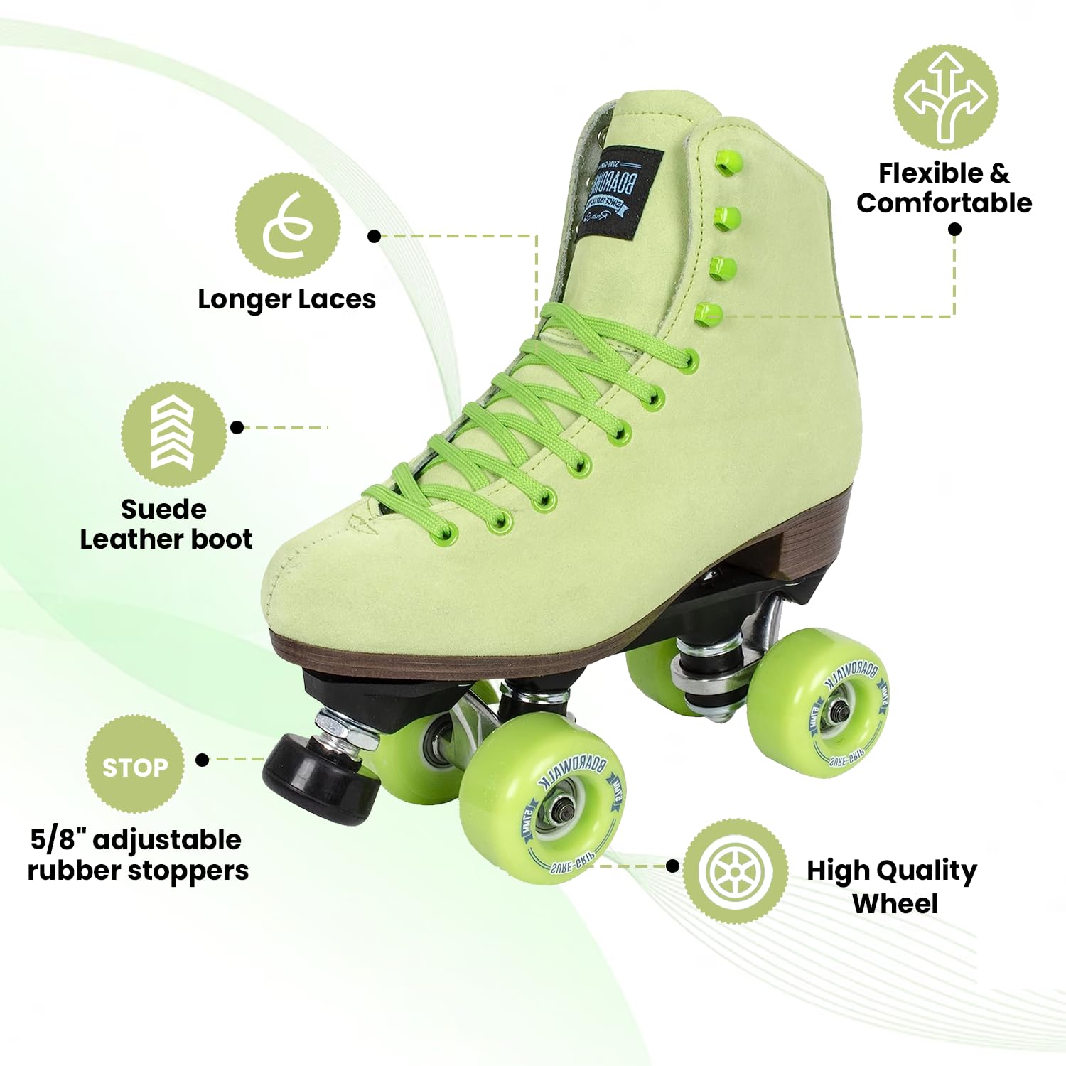 Sure-Grip Boardwalk Unisex Outdoor Roller Skates Material of Leather, Rubber, Suede & Aluminum Trucks | Comfortable, Extra Long Laces - Suitable for Beginners (Key Lime, Mens 7 / Womens 8)