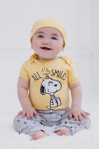 PEANUTS Woodstock Snoopy Infant Baby Boys Cuddly Short Sleeve Bodysuit Jogger Pants Bib and Hat 4 Piece Outfit Set Yellow 18 Months