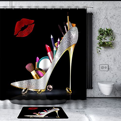 2 Pcs High Heels Shower Curtain Sets with Bath Mat,Lipstick Red Lip Makeup Fashion Fancy Woman Girls Romantic Black Background 70"x 70" Bathroom Curtain with 12 Hooks and 29.5"x 17.8" Bath Rugs