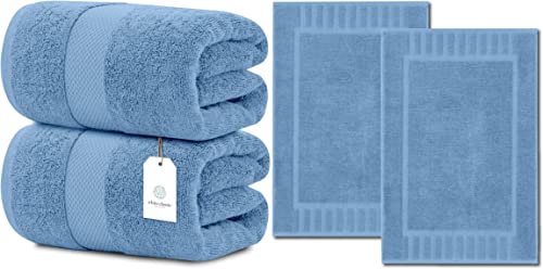 White Classic Luxury Bath Sheet Towels | 2 Pack Luxury Bath Mat | 2 Pack Bundle (Light Blue)