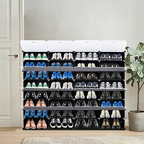 QXDRAGON 8-Tier Portable 64 Pair Shoe Rack Organizer 32 Grids Tower Shelf Storage Cabinet Stand Expandable for Heels, Boots, Slippers, Black