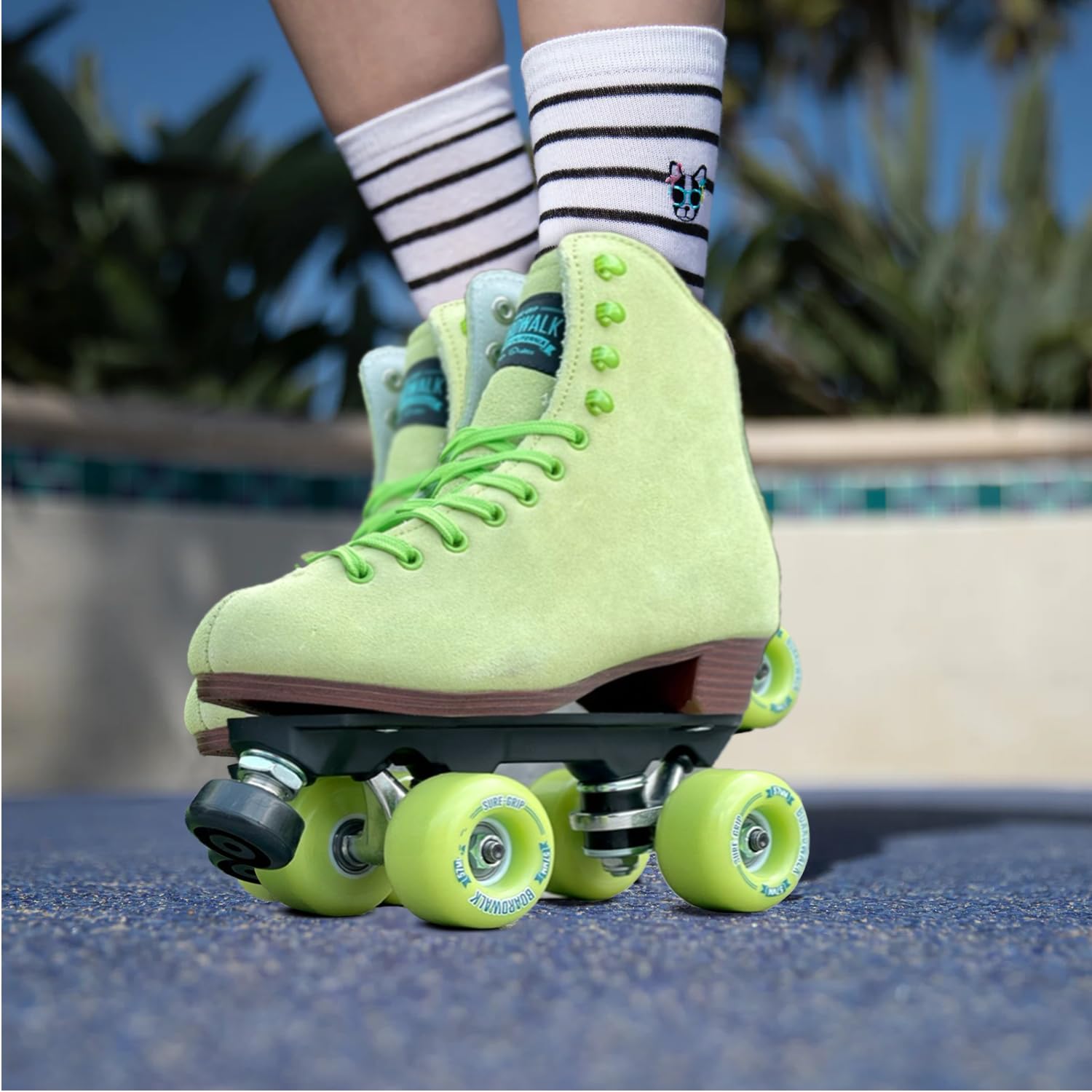 Sure-Grip Boardwalk Unisex Outdoor Roller Skates Material of Leather, Rubber, Suede & Aluminum Trucks | Comfortable, Extra Long Laces - Suitable for Beginners (Key Lime, Mens 7 / Womens 8)