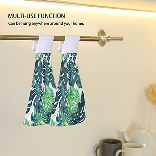 Tropical Leaf Hanging Kitchen Towels 2PC, Green Monstera Palm Leaves Hand Towels Dish Cloth Tie Towel Absorbent Oven Stove Washcloth with Loop for Bathroom Farmhouse Housewarming Tabletop Home