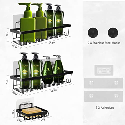 KAREEME Shower Caddy, Shower Shelf with 8 Hooks, 5-Pack Self Adhesive Bathroom Shower Organizer with 2 suction cup hooks, No Drilling Stainless Steel Rustproof Shower Shelves for Inside Shower(Black)