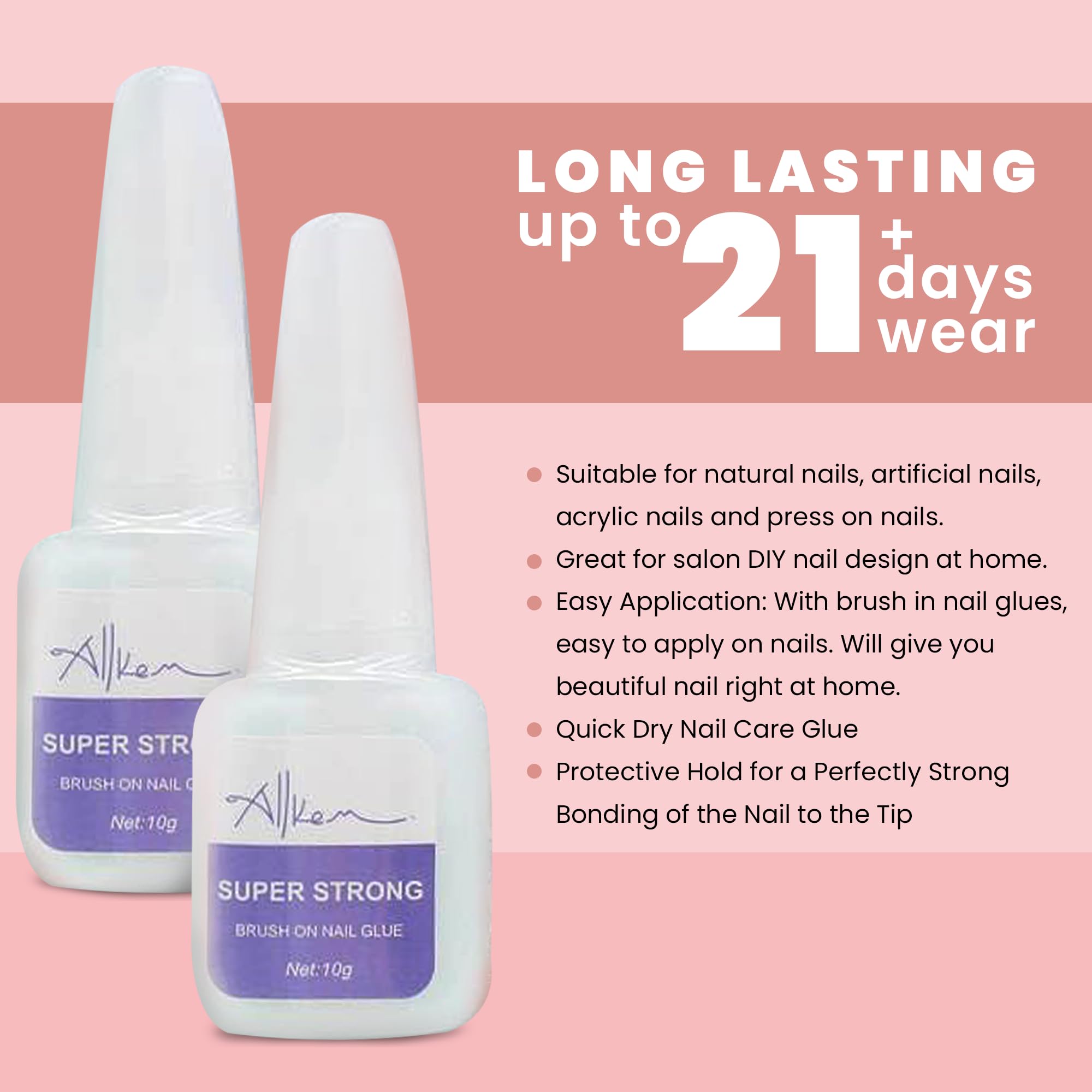 Allkem Super Strong Nail Glue for Press on Nails, Natural, Acrylic Nails, Fake Nails (10g) - Professional & Quick Dry Brush on Nail Tips Glue for Women