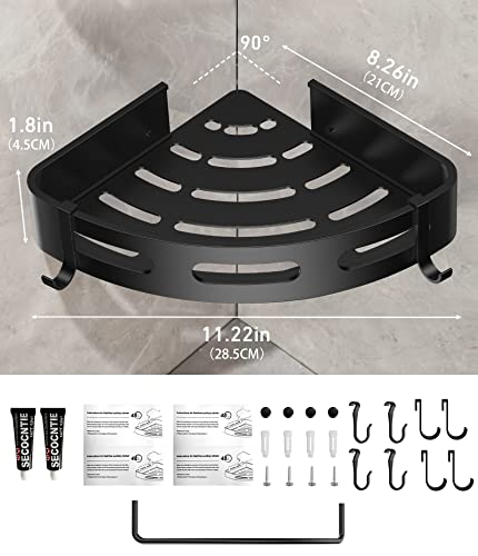 MAZEME 2 Pack Adhesive Corner Shower Caddy Organizer with 4 Hooks and Bathroom Towel Bar, Hanging Plastic Shower Shelf Basket Storage Racks No Drilling Rustproof Wall Mounted for Dorm College, Black