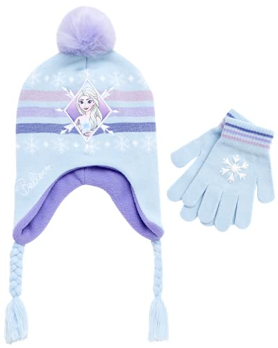 Disney Girls’ Winter Set: Ear Flap Beanie Hat, Gloves or Mittens: Elsa, Anna, Princess (Age: 2-7), Size Age 4-7, Blue Glove