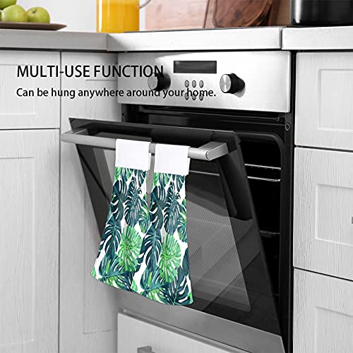 Tropical Leaf Hanging Kitchen Towels 2PC, Green Monstera Palm Leaves Hand Towels Dish Cloth Tie Towel Absorbent Oven Stove Washcloth with Loop for Bathroom Farmhouse Housewarming Tabletop Home