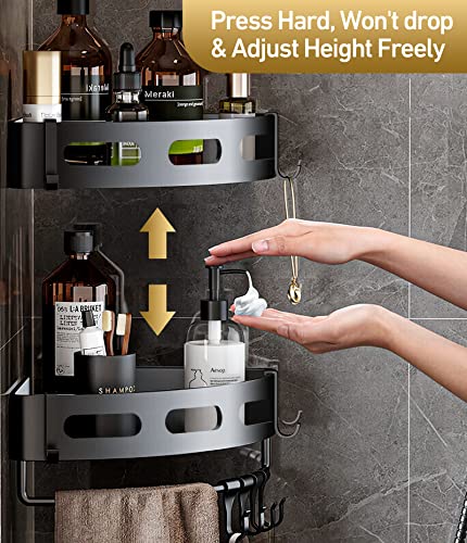 MAZEME 2 Pack Adhesive Corner Shower Caddy Organizer with 4 Hooks and Bathroom Towel Bar, Hanging Plastic Shower Shelf Basket Storage Racks No Drilling Rustproof Wall Mounted for Dorm College, Black