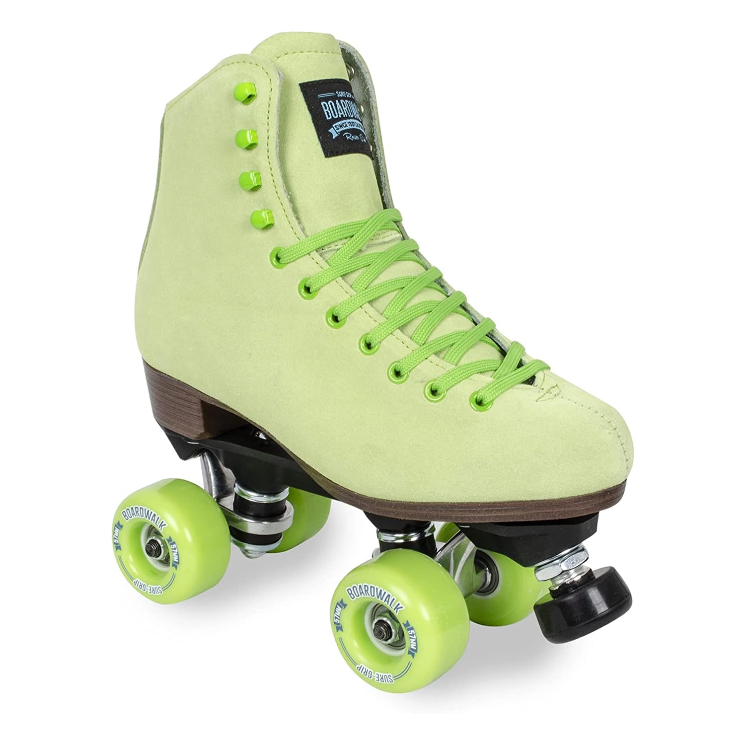 Sure-Grip Boardwalk Unisex Outdoor Roller Skates Material of Leather, Rubber, Suede & Aluminum Trucks | Comfortable, Extra Long Laces - Suitable for Beginners (Key Lime, Mens 7 / Womens 8)
