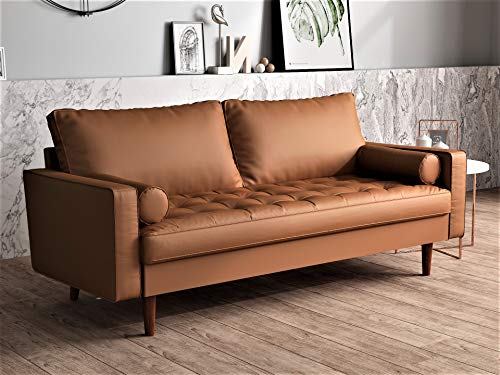 Container Furniture Direct Womble Mid Century Modern Couch with Bolster Pillows, PU Leather Upholstered Tufted Seat, Versatile Retro Design for Comfortable Living Spaces, Sofa, Coffee Brown