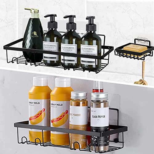 KAREEME Shower Caddy, Shower Shelf with 8 Hooks, 5-Pack Self Adhesive Bathroom Shower Organizer with 2 suction cup hooks, No Drilling Stainless Steel Rustproof Shower Shelves for Inside Shower(Black)