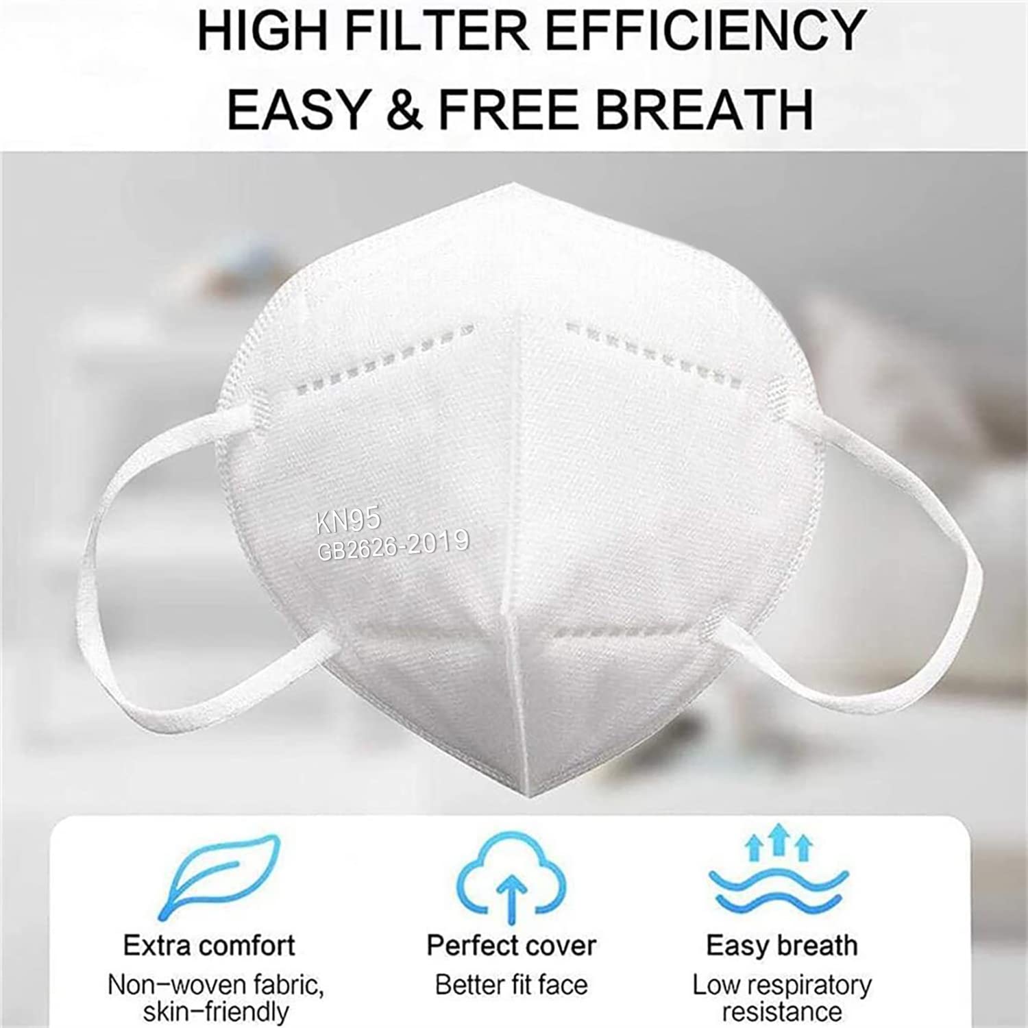 LEMENT 50PCS KN95 Face Mask 5 Layer Breathable with Elastic EarLoops Cup Dust Safety Masks(White,Black,Grey)