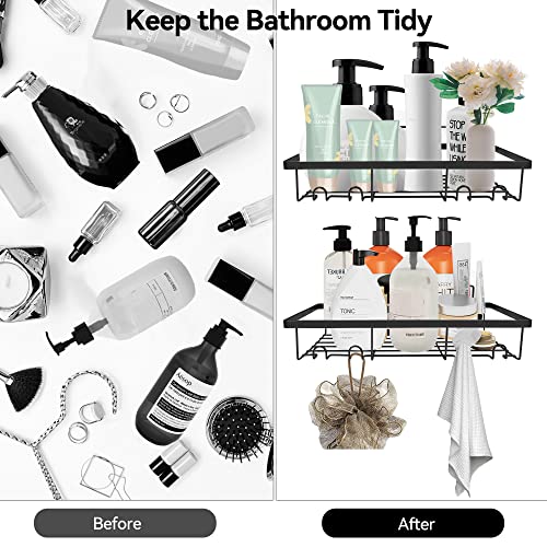 KAREEME Shower Caddy, Shower Shelf with 8 Hooks, 5-Pack Self Adhesive Bathroom Shower Organizer with 2 suction cup hooks, No Drilling Stainless Steel Rustproof Shower Shelves for Inside Shower(Black)