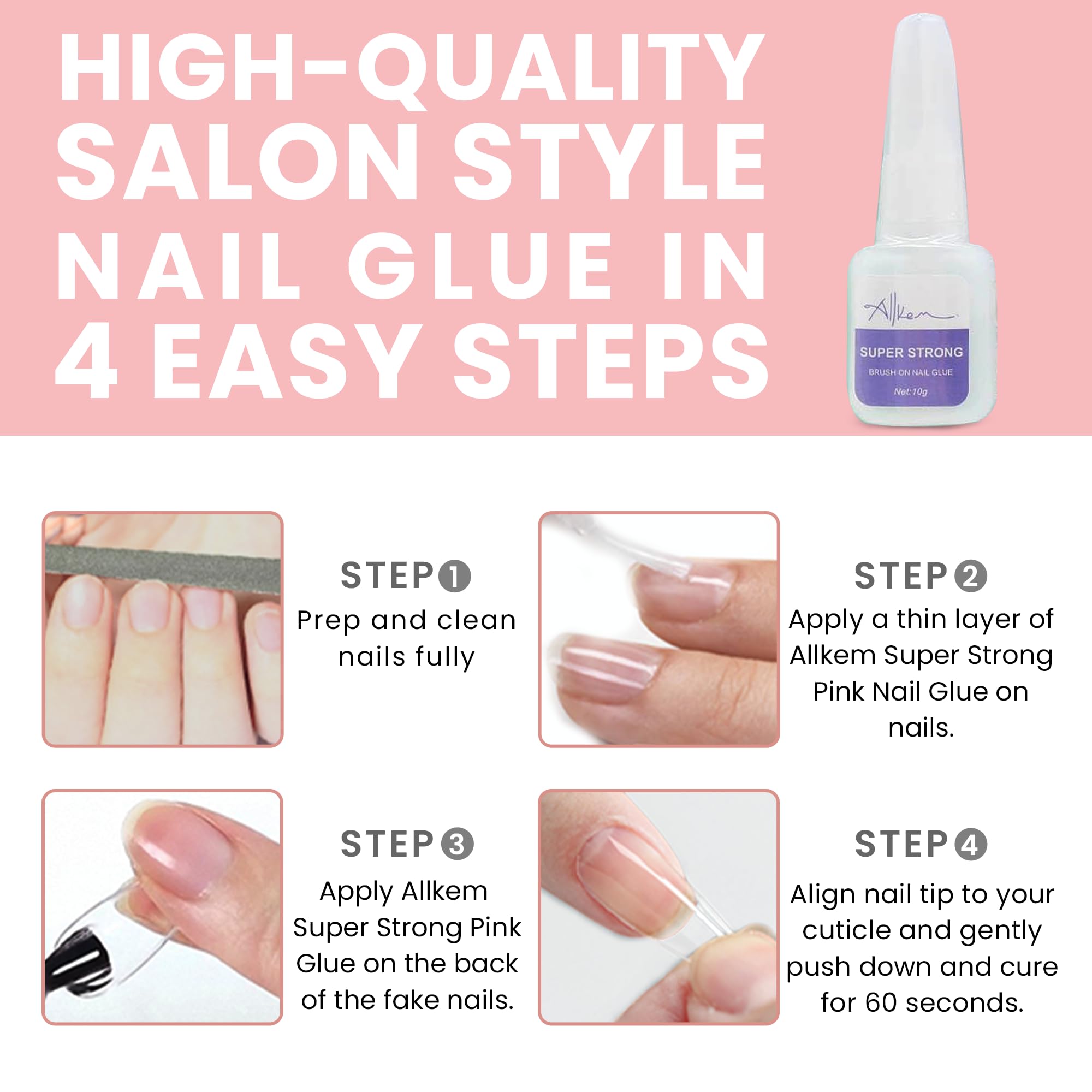 Allkem Super Strong Nail Glue for Press on Nails, Natural, Acrylic Nails, Fake Nails (10g) - Professional & Quick Dry Brush on Nail Tips Glue for Women