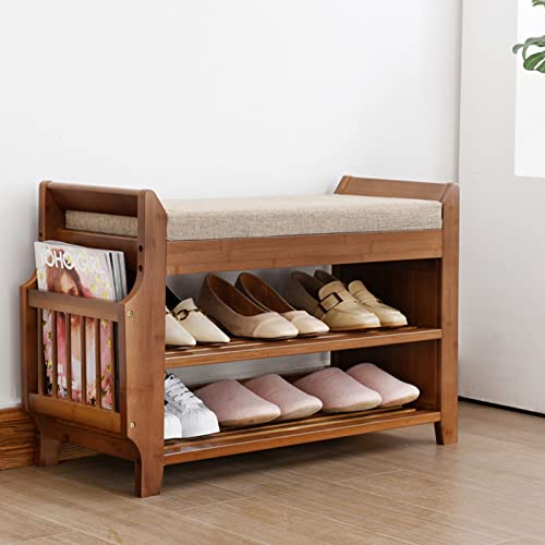 ZHFEISY Shoe Bench 2 Tier Shoe Rack Bamboo 6 Pairs Shoes with Sponge Cushion Storage Basket Shoe Rack Bench Organizer Brown for Home Living Room Entryway