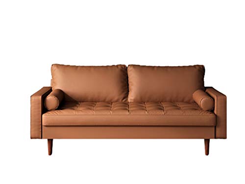 Container Furniture Direct Womble Mid Century Modern Couch with Bolster Pillows, PU Leather Upholstered Tufted Seat, Versatile Retro Design for Comfortable Living Spaces, Sofa, Coffee Brown