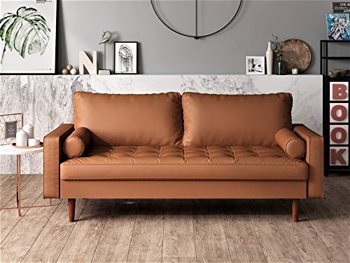 Container Furniture Direct Womble Mid Century Modern Couch with Bolster Pillows, PU Leather Upholstered Tufted Seat, Versatile Retro Design for Comfortable Living Spaces, Sofa, Coffee Brown