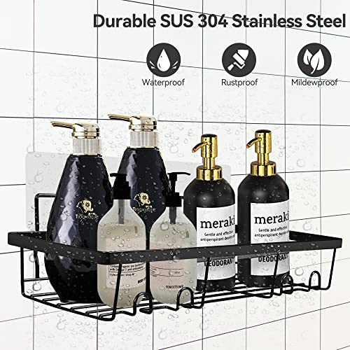 KAREEME Shower Caddy, Shower Shelf with 8 Hooks, 5-Pack Self Adhesive Bathroom Shower Organizer with 2 suction cup hooks, No Drilling Stainless Steel Rustproof Shower Shelves for Inside Shower(Black)