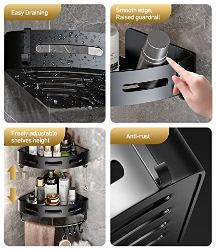 MAZEME 2 Pack Adhesive Corner Shower Caddy Organizer with 4 Hooks and Bathroom Towel Bar, Hanging Plastic Shower Shelf Basket Storage Racks No Drilling Rustproof Wall Mounted for Dorm College, Black
