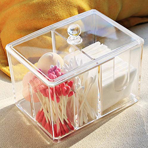 Watpot Qtip Cotton Pad Holder Dispenser Cotton Ball and Swab Storage with Lid Clear Acrylic Cotton Round Organizer, 4 Sections