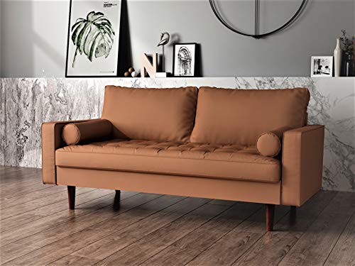 Container Furniture Direct Womble Mid Century Modern Couch with Bolster Pillows, PU Leather Upholstered Tufted Seat, Versatile Retro Design for Comfortable Living Spaces, Sofa, Coffee Brown