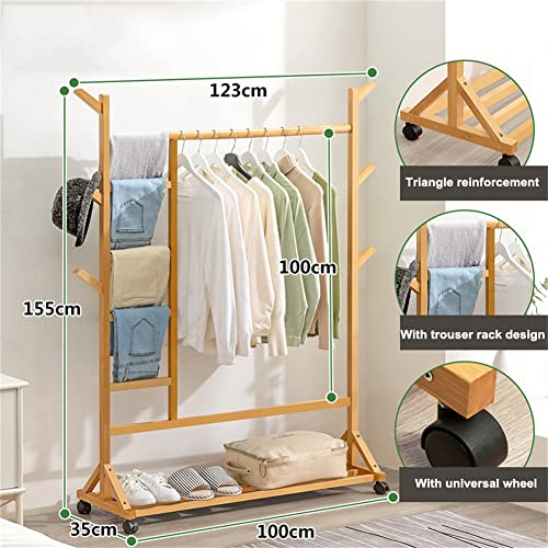 YXDFG 3-in-1 Clothes Hanging Rack, Rolling Closet Organizer Shoe Rack, Bamboo Clothes Drying Rack,with Bottom Shelves and 6 Side Hooks, for Hanging Clothes in Laundry, Bedroom, Bathroom Etc,Wood