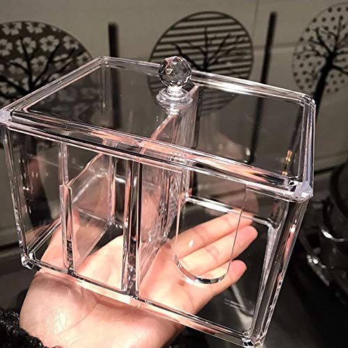 Watpot Qtip Cotton Pad Holder Dispenser Cotton Ball and Swab Storage with Lid Clear Acrylic Cotton Round Organizer, 4 Sections
