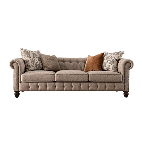Acanva Chesterfield Tufted Sofa with Scroll Arms, Nailhead Trim Linen Upholstered, 89" W Couch, Brown