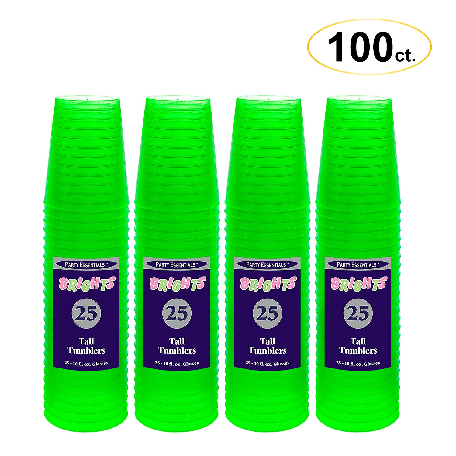 Party Essentials Hard Plastic 10-Ounce Party Cups/Drinking Glasses/Tall Tumblers, 100-Count, Neon Green