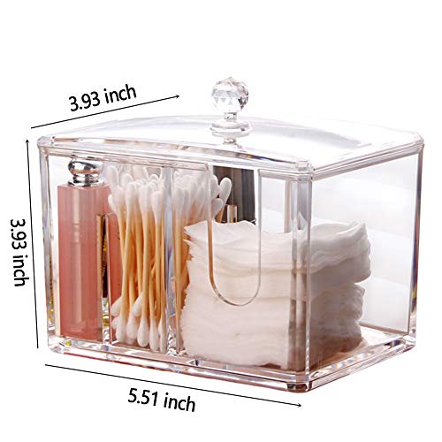 Watpot Qtip Cotton Pad Holder Dispenser Cotton Ball and Swab Storage with Lid Clear Acrylic Cotton Round Organizer, 4 Sections