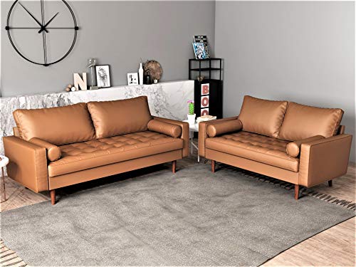 Container Furniture Direct Womble Mid Century Modern Couch with Bolster Pillows, PU Leather Upholstered Tufted Seat, Versatile Retro Design for Comfortable Living Spaces, Sofa, Coffee Brown