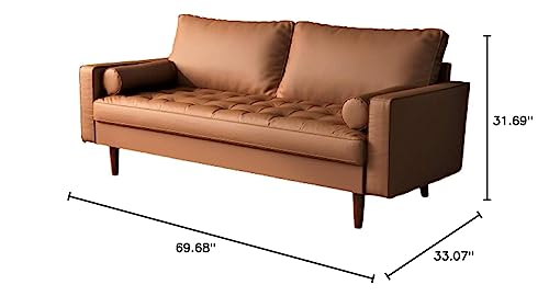 Container Furniture Direct Womble Mid Century Modern Couch with Bolster Pillows, PU Leather Upholstered Tufted Seat, Versatile Retro Design for Comfortable Living Spaces, Sofa, Coffee Brown