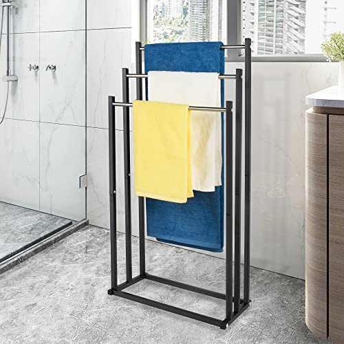 Towel Racks for Bathroom, Upgrade 3 Tier Stainless Steel Freestanding Towel Rack Stand for Bath Hand Towel, Next to Tub or Floor Shower Drying Holder, Blanket Rack, Chrome & Black, ALHAKIN