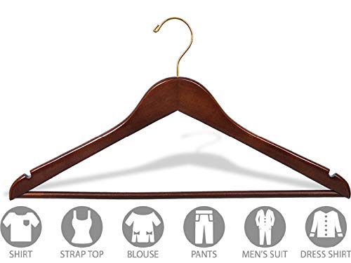 Wooden Suit Hangers with Walnut Finish and Solid Wood Bar, Space Saving Flat 17 Inch Hanger with Brass Swivel Hook & Notches (Set of 8) by The Great American Hanger Company