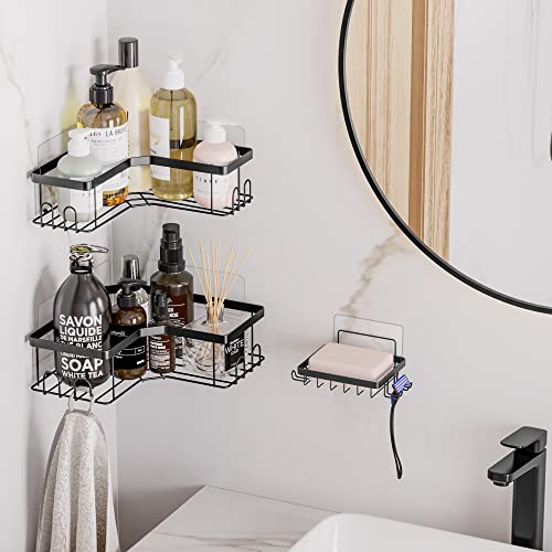 YGEOMER Corner Shower Caddy, 4 Pack Adhesive Shower Corner Shelf Organizer with Soap Dish, No Drilling Shower Shelves for Inside Shower Tile Walls (Black)