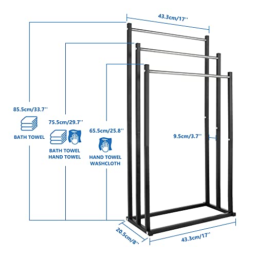 Towel Racks for Bathroom, Upgrade 3 Tier Stainless Steel Freestanding Towel Rack Stand for Bath Hand Towel, Next to Tub or Floor Shower Drying Holder, Blanket Rack, Chrome & Black, ALHAKIN