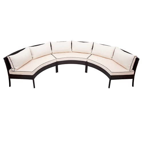 U_Style-Outdoor 3-Piece Sectional Furniture, Patio Half-Moon Wicker Sofa Set, Brown PE Rattan and Beige Cushions