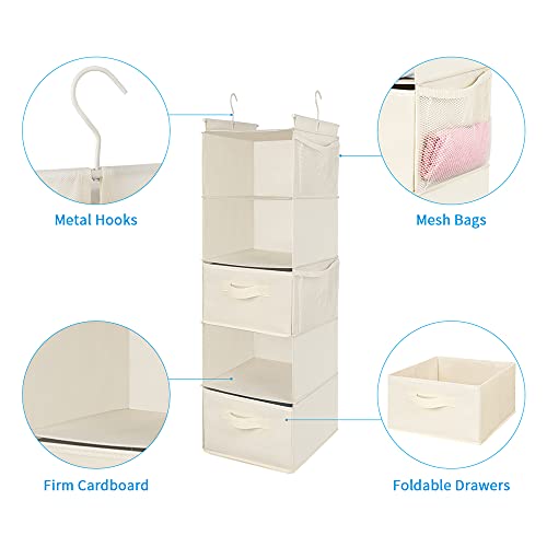 MAX Houser 6 Tier Shelf Hanging Closet Organizer and 5 Tier Shelf Hanging Closet Organizer, Closet Hanging Shelf with 2 Sturdy Hooks for Storage, Foldable,Beige and Beige-D2