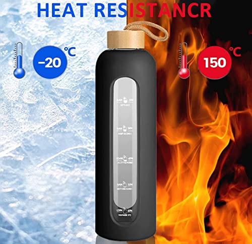 Sursip 32oz Motivational Glass Water Bottle with Time Marker, Silicone Sleeve, and Bamboo Lid - 1 Liter Reusable Drinking Bottle with Ice Cube Tray, Leak-Proof Design