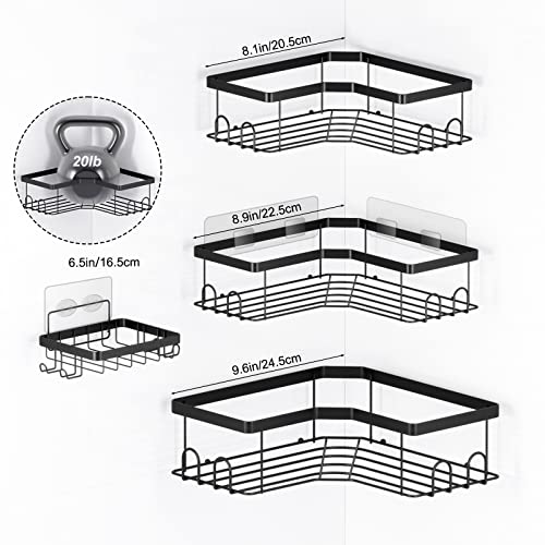 YGEOMER Corner Shower Caddy, 4 Pack Adhesive Shower Corner Shelf Organizer with Soap Dish, No Drilling Shower Shelves for Inside Shower Tile Walls (Black)