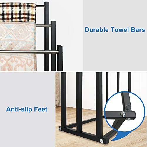Towel Racks for Bathroom, Upgrade 3 Tier Stainless Steel Freestanding Towel Rack Stand for Bath Hand Towel, Next to Tub or Floor Shower Drying Holder, Blanket Rack, Chrome & Black, ALHAKIN