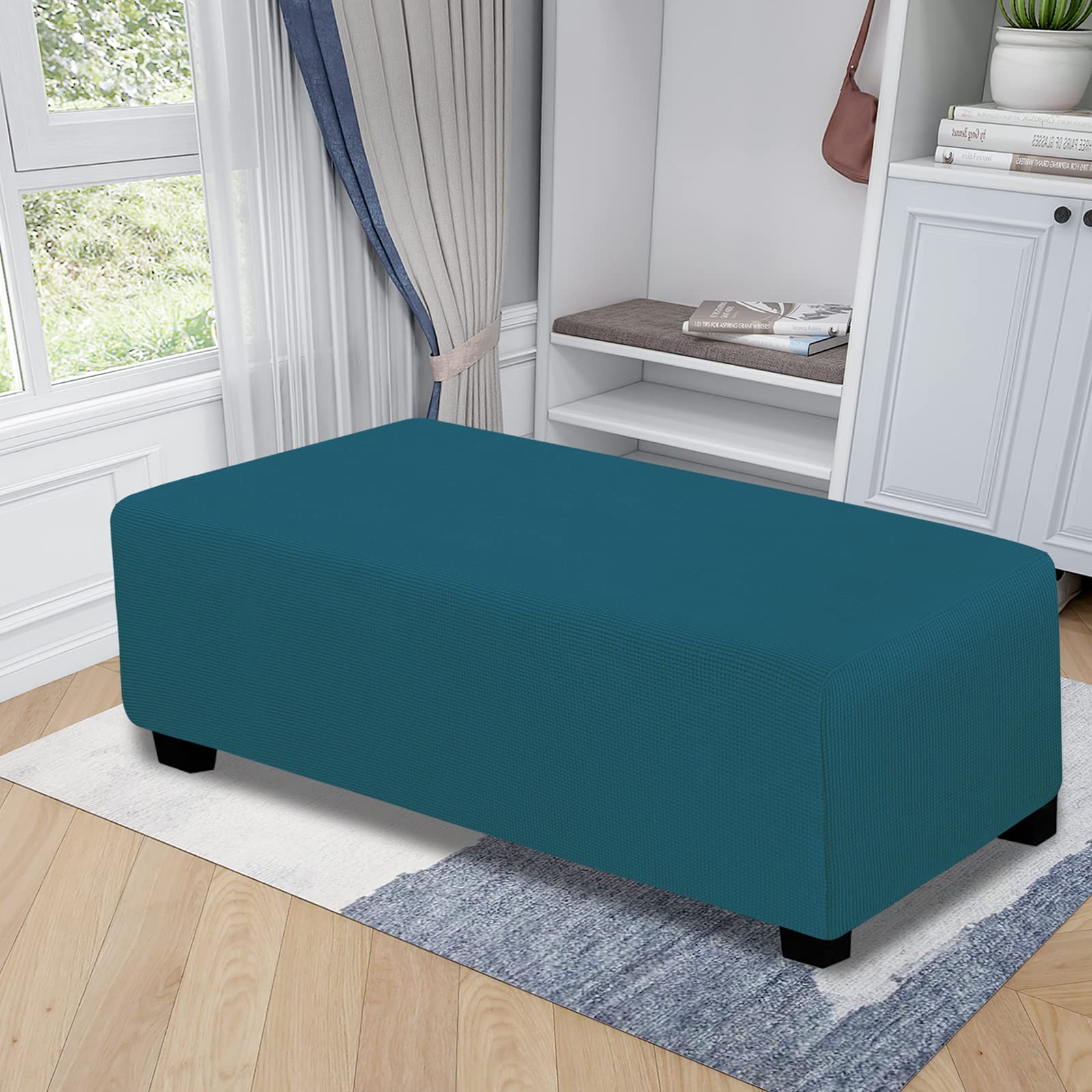 Easy-Going Stretch Ottoman Cover Folding Storage Stool Furniture Protector Soft Rectangle Slipcover with Elastic Bottom (Ottoman XX-Large, Peacock Blue)