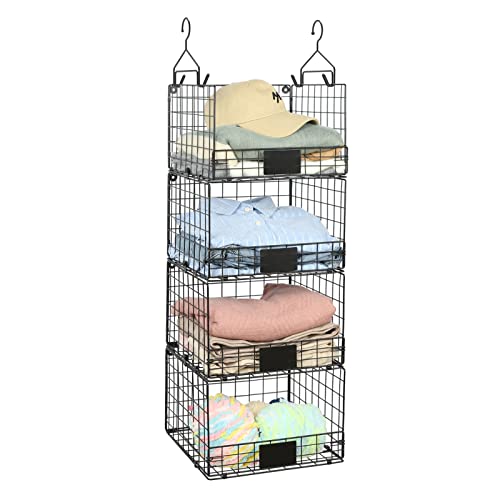 Jautokerdar 4 Tiers Hanging Closet Shelves-Clothes Haning Organizer with Name Plate S Hooks, Wall Mount&Cabinet Wire Storage Basket Bins, for Clothing Sweaters Shoes Handbags Clutches Accessories