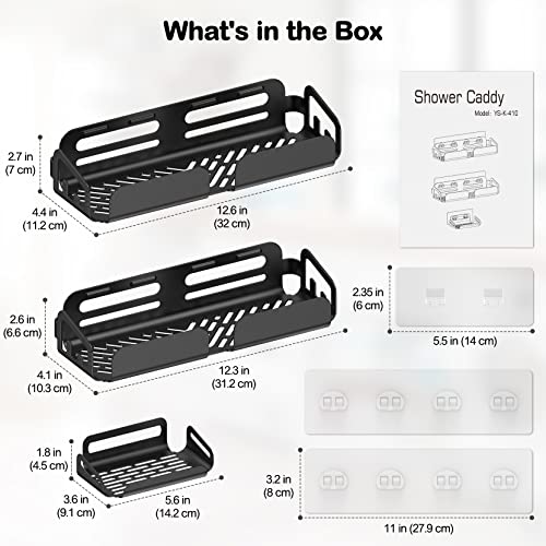 Bathroom Shower Organizer, YASONIC 3-Pack Strong Adhesive Shower Caddy with Soap Holder and 8 Hooks, No Drilling Wall Mounted Rustproof Stainless Steel Shower Shelf, for Inside Shower, Bathroom, Black